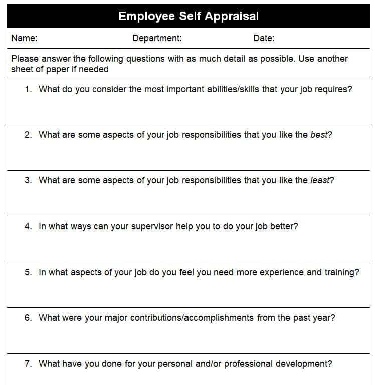 Employee Self Appraisal Example